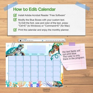 Monthly Calendar Undated | Sea Turtle Design, Editable and Printable ...