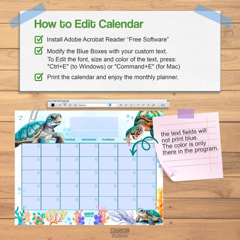 Monthly Calendar Undated | Sea Turtle Design, Editable and Printable ...