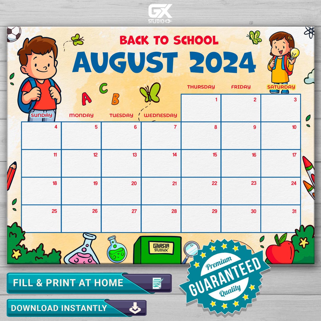 EDITABLE August 2024 Calendar, Fillable Back to School Planner, Monthly ...