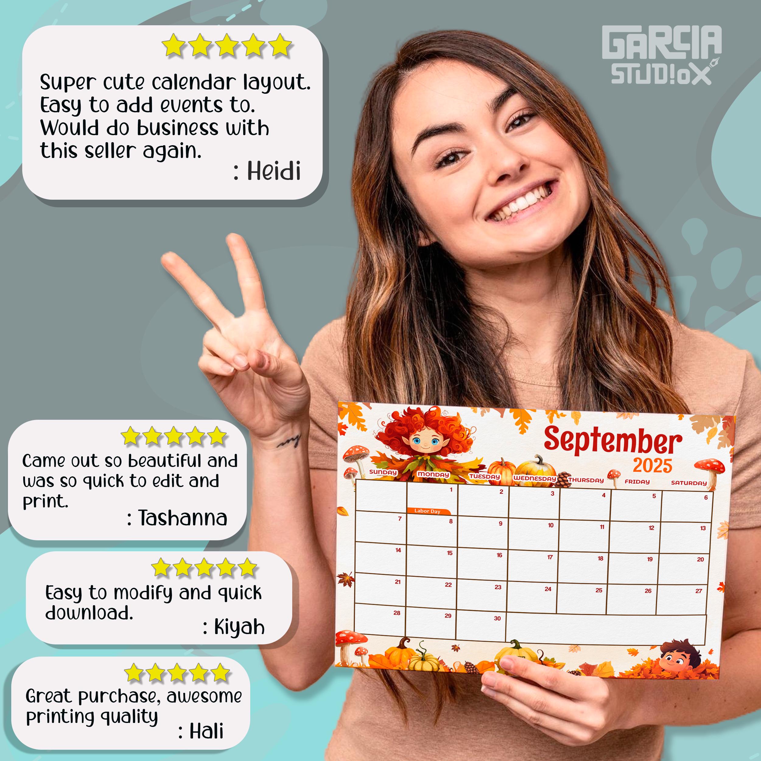 EDITABLE September 2025 Calendar, Cute Fall Design for Kids, Back to ...
