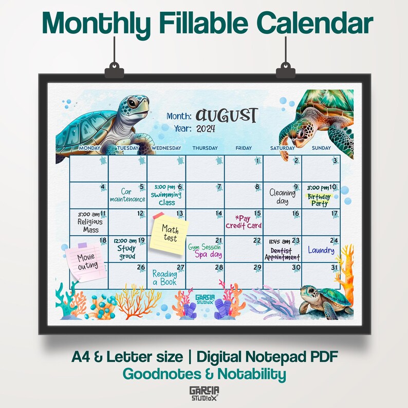 Monthly Calendar Undated | Sea Turtle Design, Editable and Printable ...