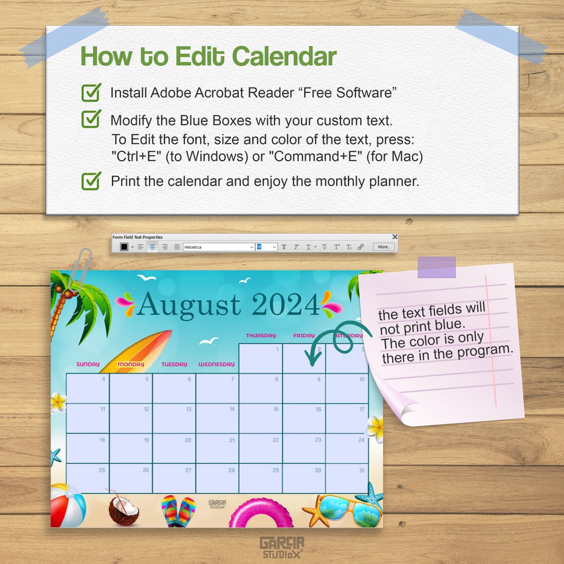 EDITABLE August 2024 Calendar, Fillable Summer Beach Planner, Monthly ...