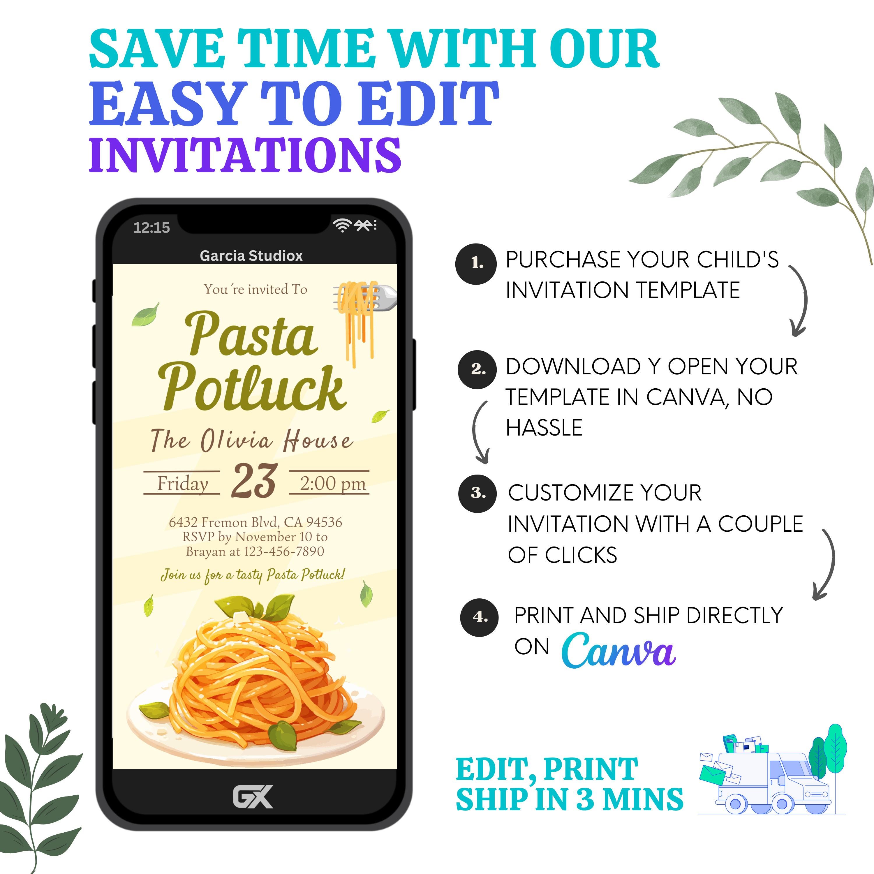 Editable Pasta Potluck Invitation, Italian Food, Spaghetti Design ...