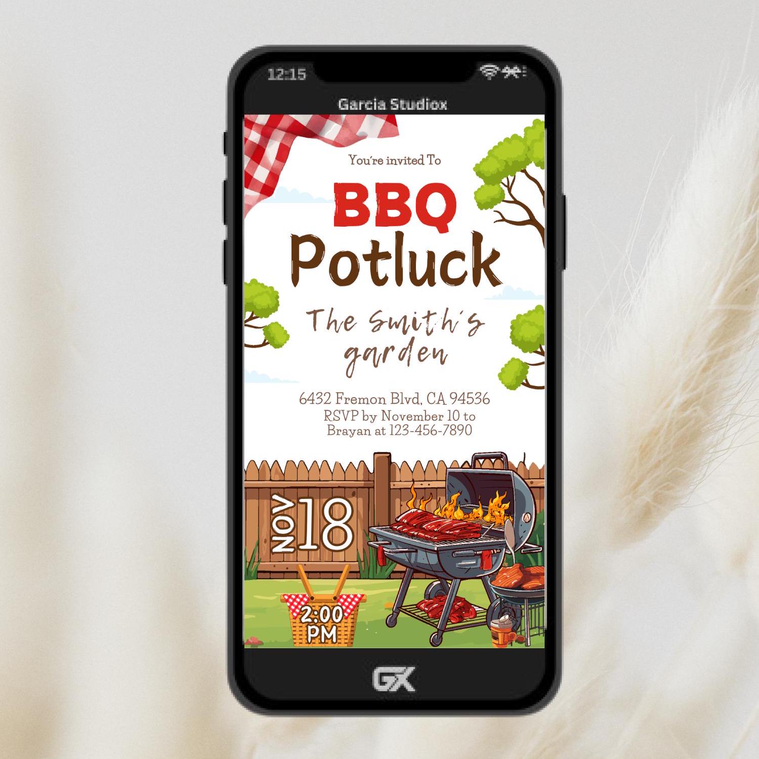 EDITABLE Colorful BBQ Potluck Invitation, Picnic, Grill & Outdoor ...