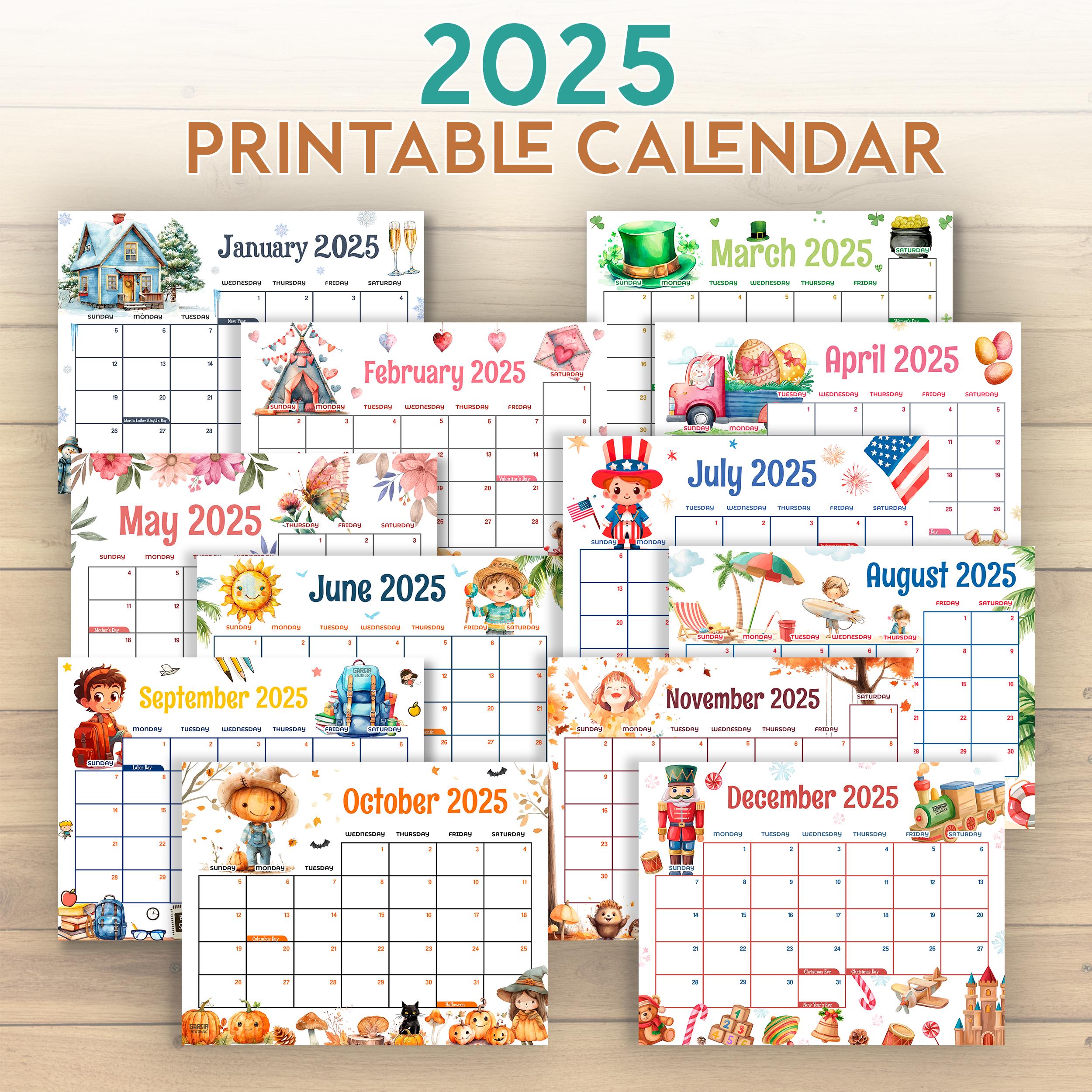 2025 Calendar Printable, Cute Kids Calendar 2025, Wall Calendar PDF ...