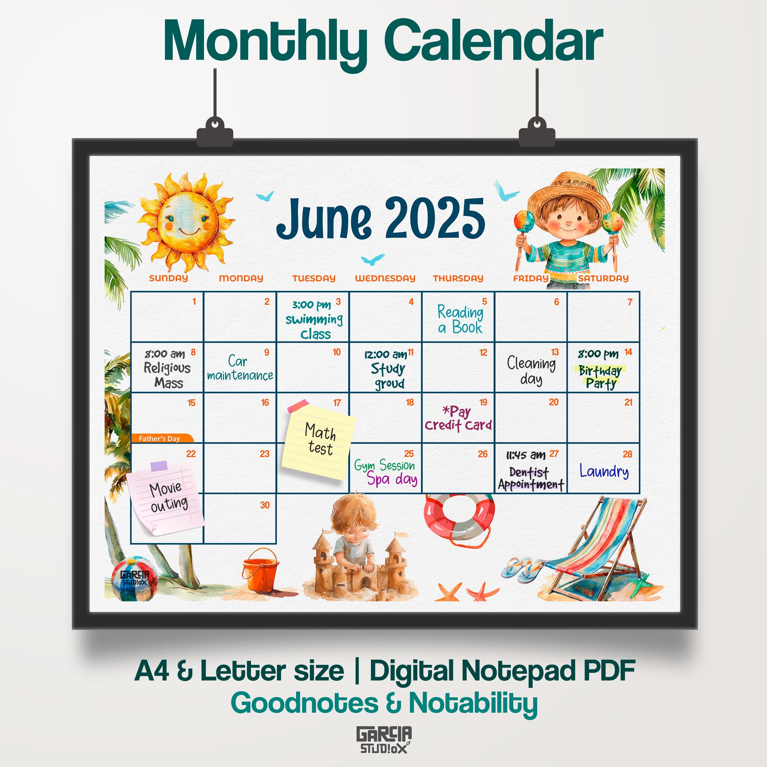 EDITABLE June 2025 Kids Summer Calendar, Printable PDF Template, Cute ...