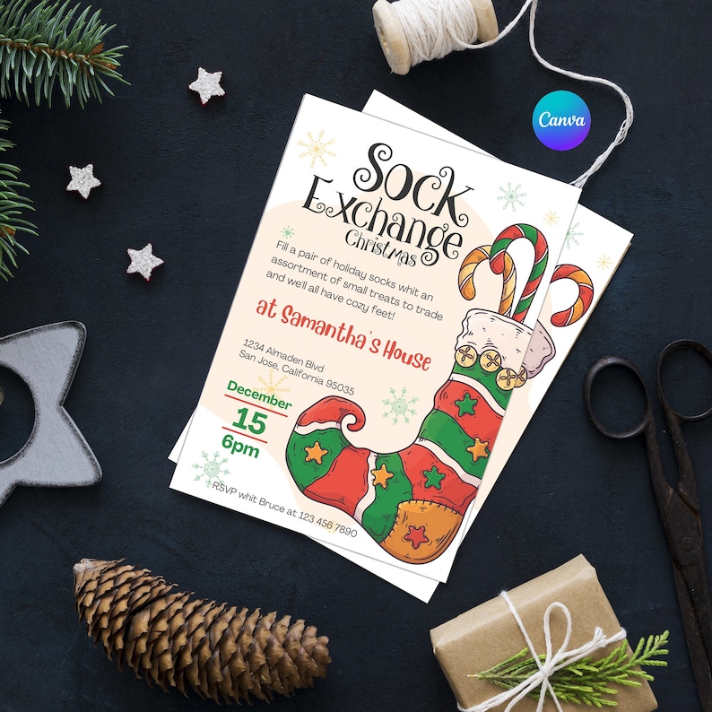 Sock Exchange Christmas Invitations Stocking Swap Party, Invitation to ...