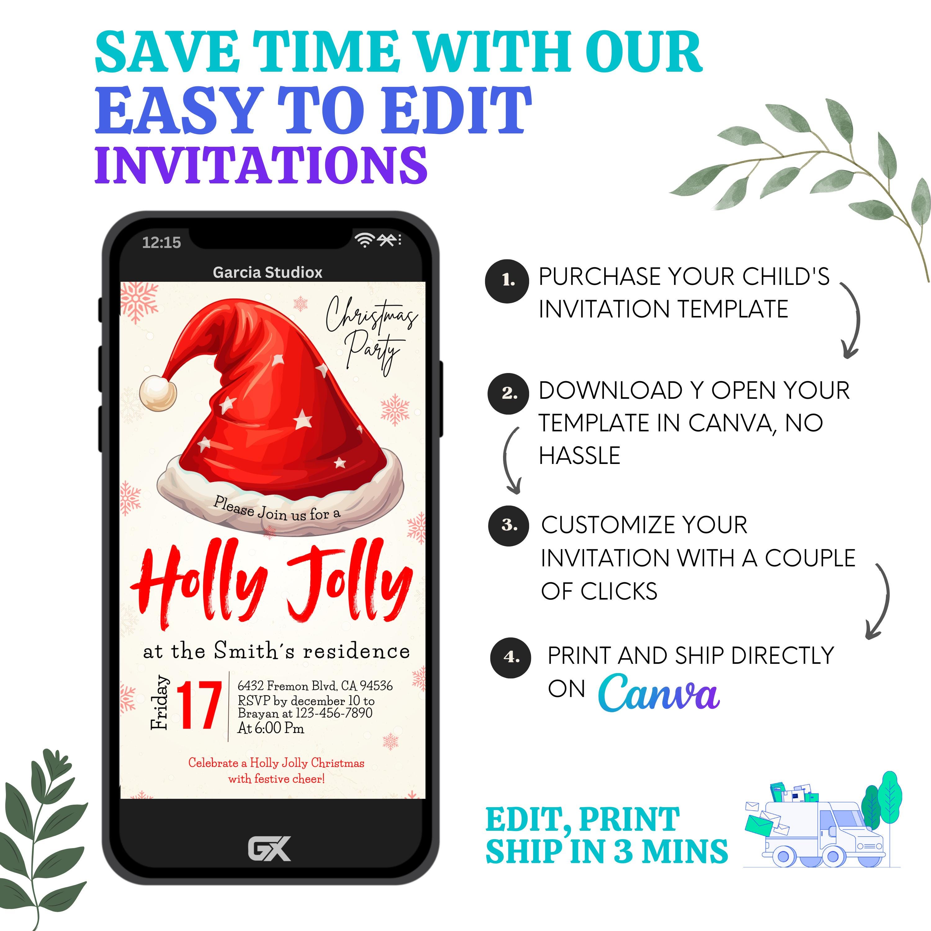 Editable Christmas Party Invitation | Holly Jolly Christmas Party ...