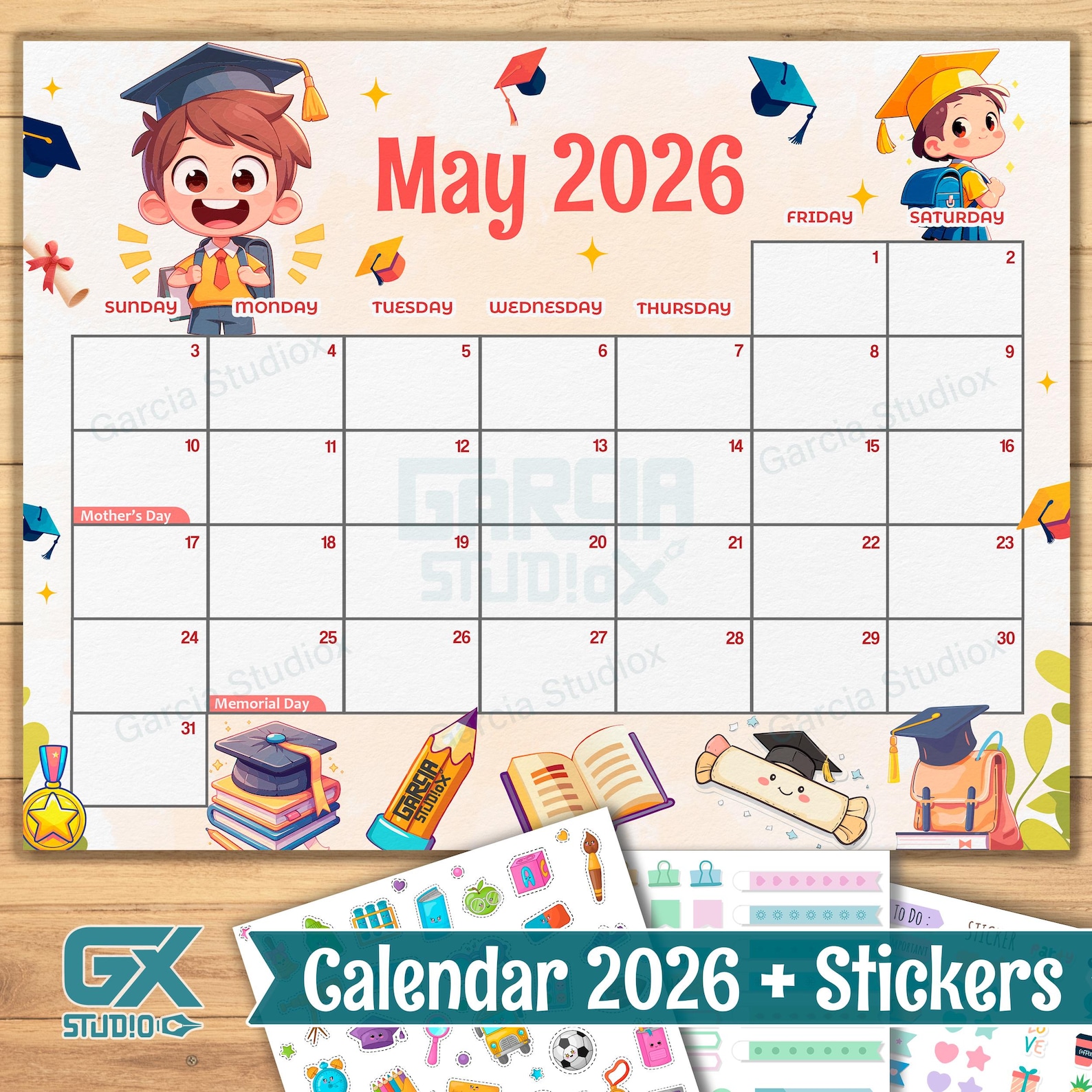 May 2026 Calendar for Kids: Graduation Theme, Editable School Planner ...
