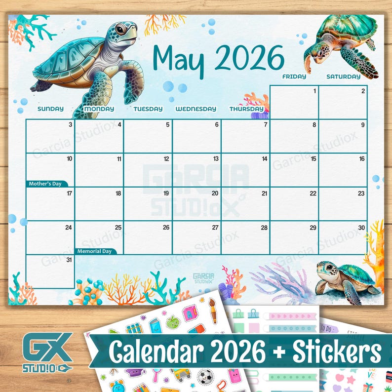 May 2026 Calendar Printable, Cute Sea Turtle Theme, Editable Monthly ...