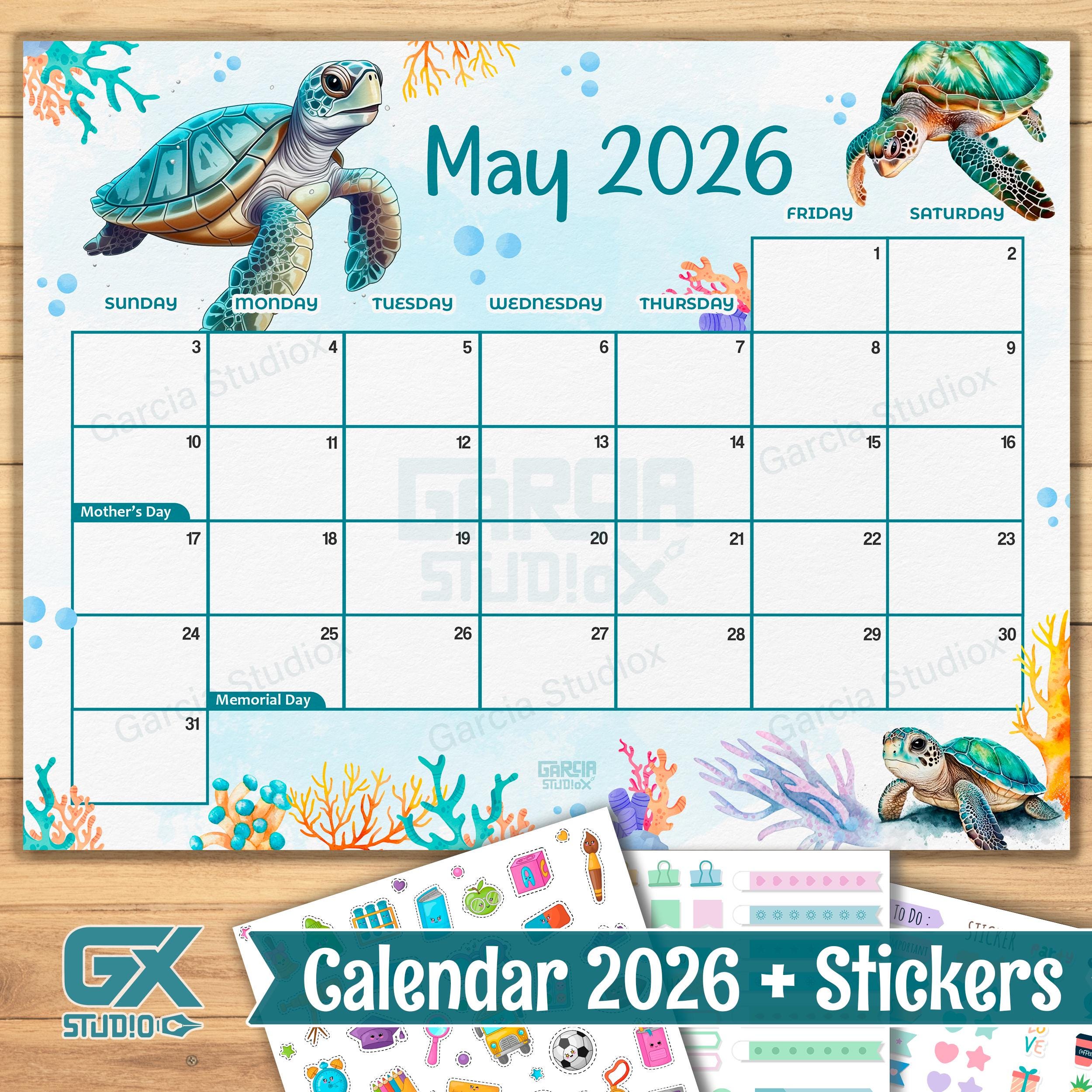 May 2026 Calendar Printable, Cute Sea Turtle Theme, Editable Monthly ...