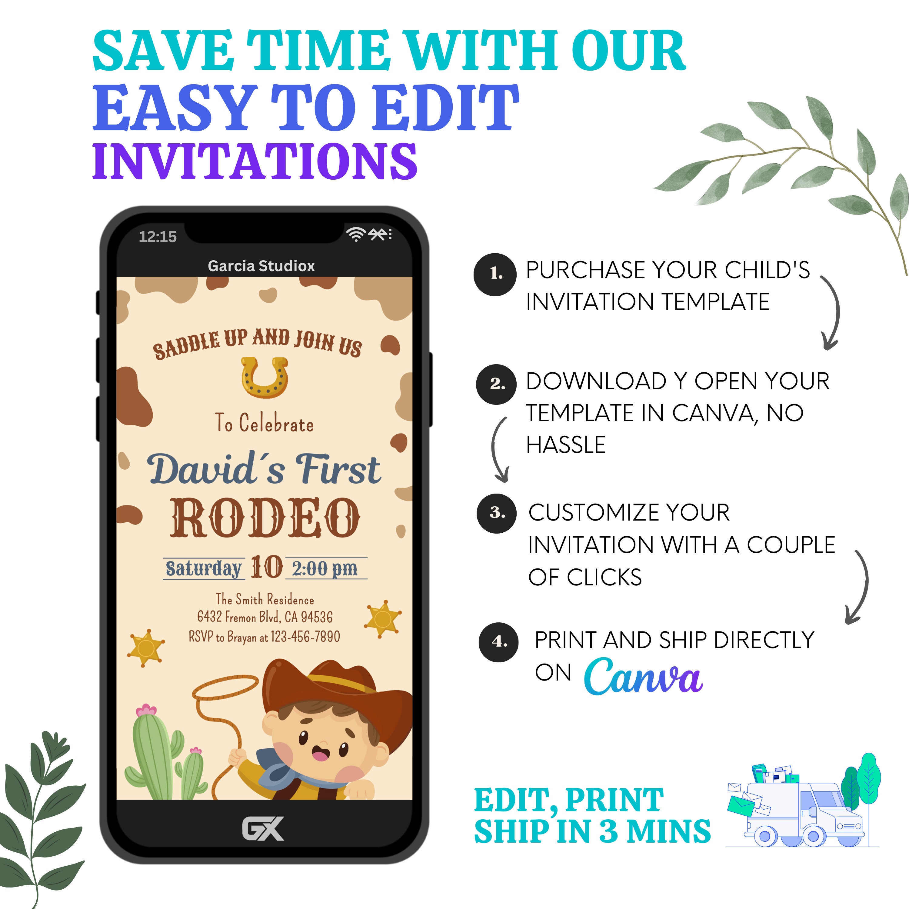 Editable First Rodeo Invitation Template | Cowboy Boy Western Birthday ...