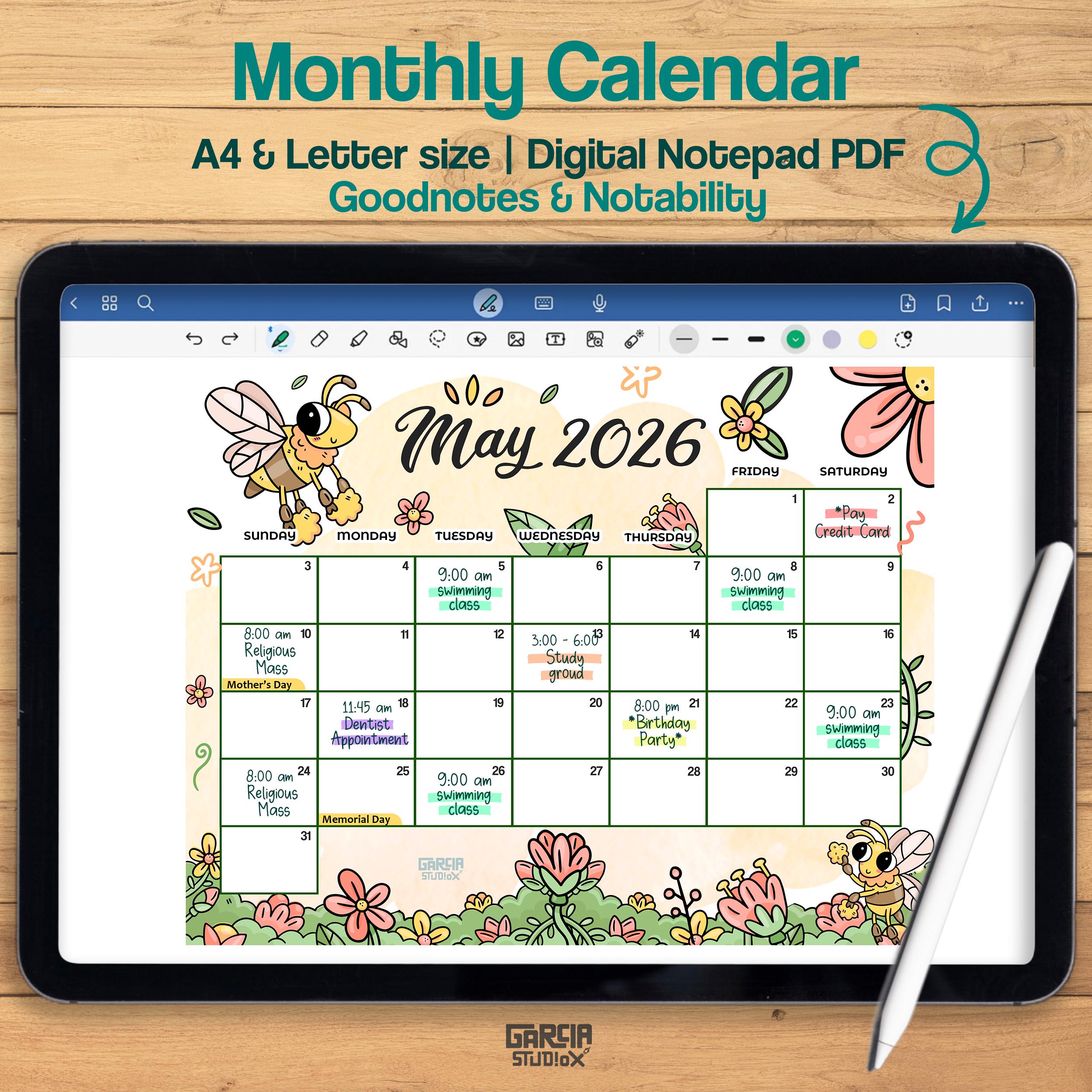 May 2026 Printable Calendar: Bee & Flower Theme, Editable PDF (US ...