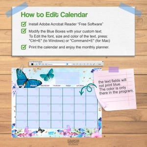 Monthly Calendar Undated | Butterfly Design, Editable and Printable ...