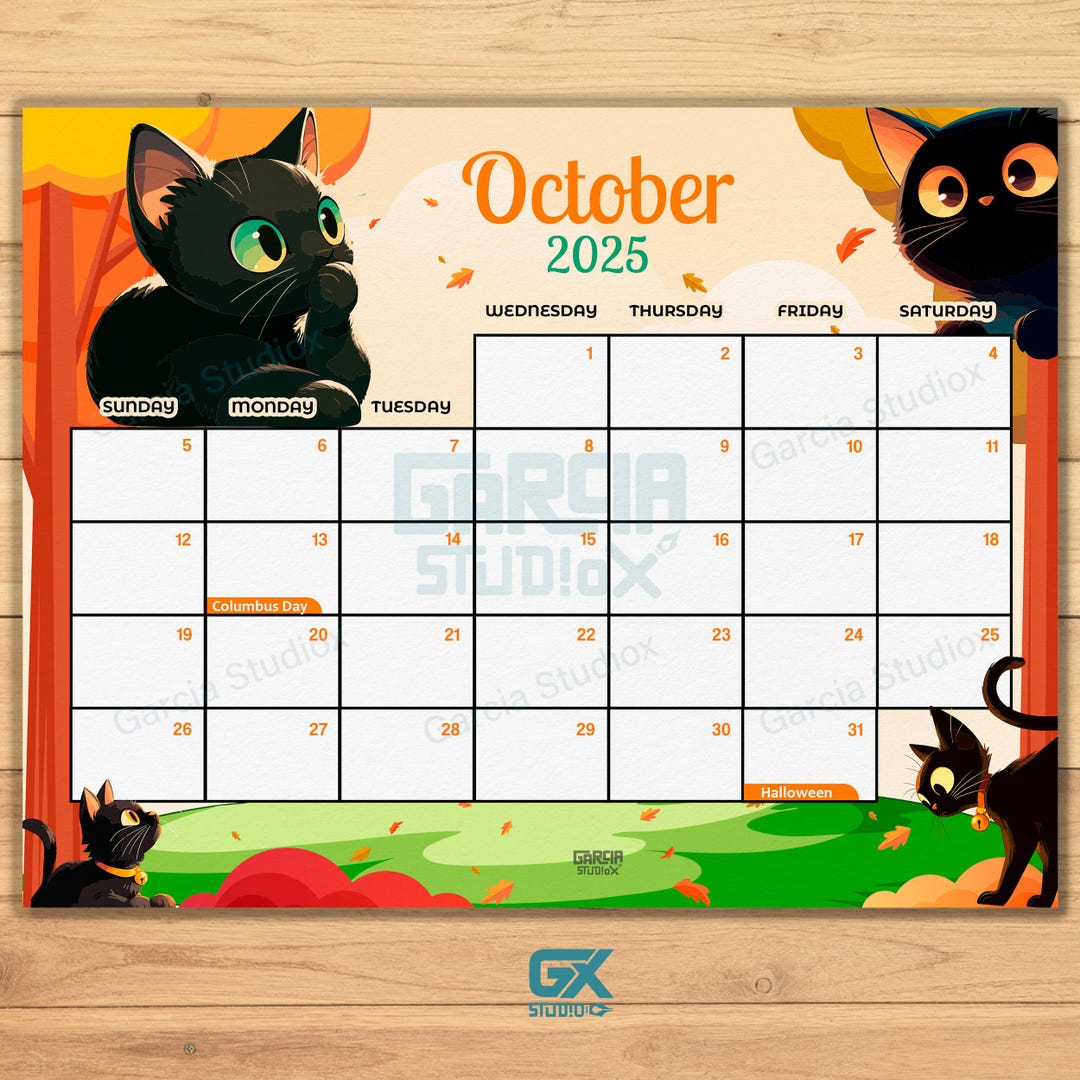 Editable October 2025 Cat Calendar PDF, Bombay Cat Digital Art ...