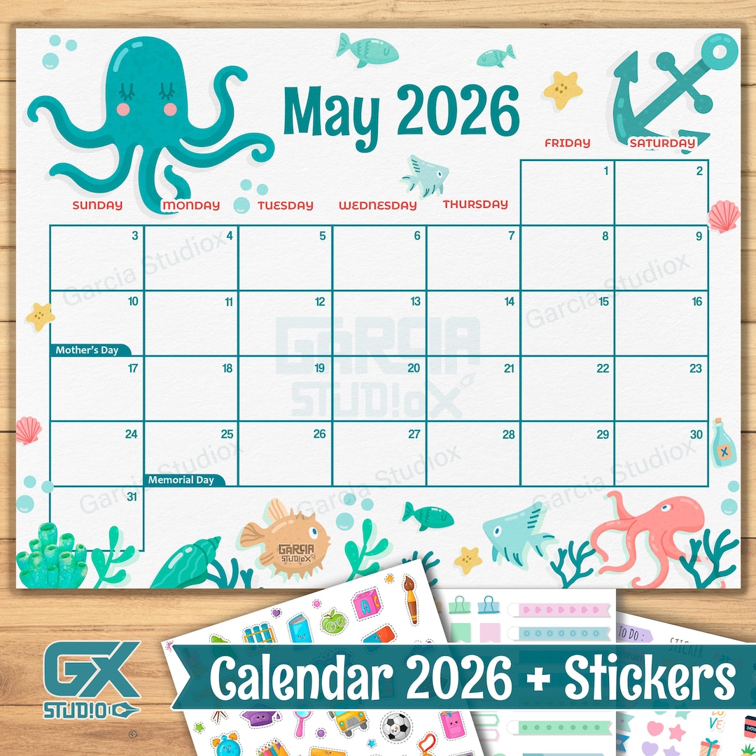 May 2026 Printable Calendar for Kids, Cute Ocean Theme Octopus, Sea ...