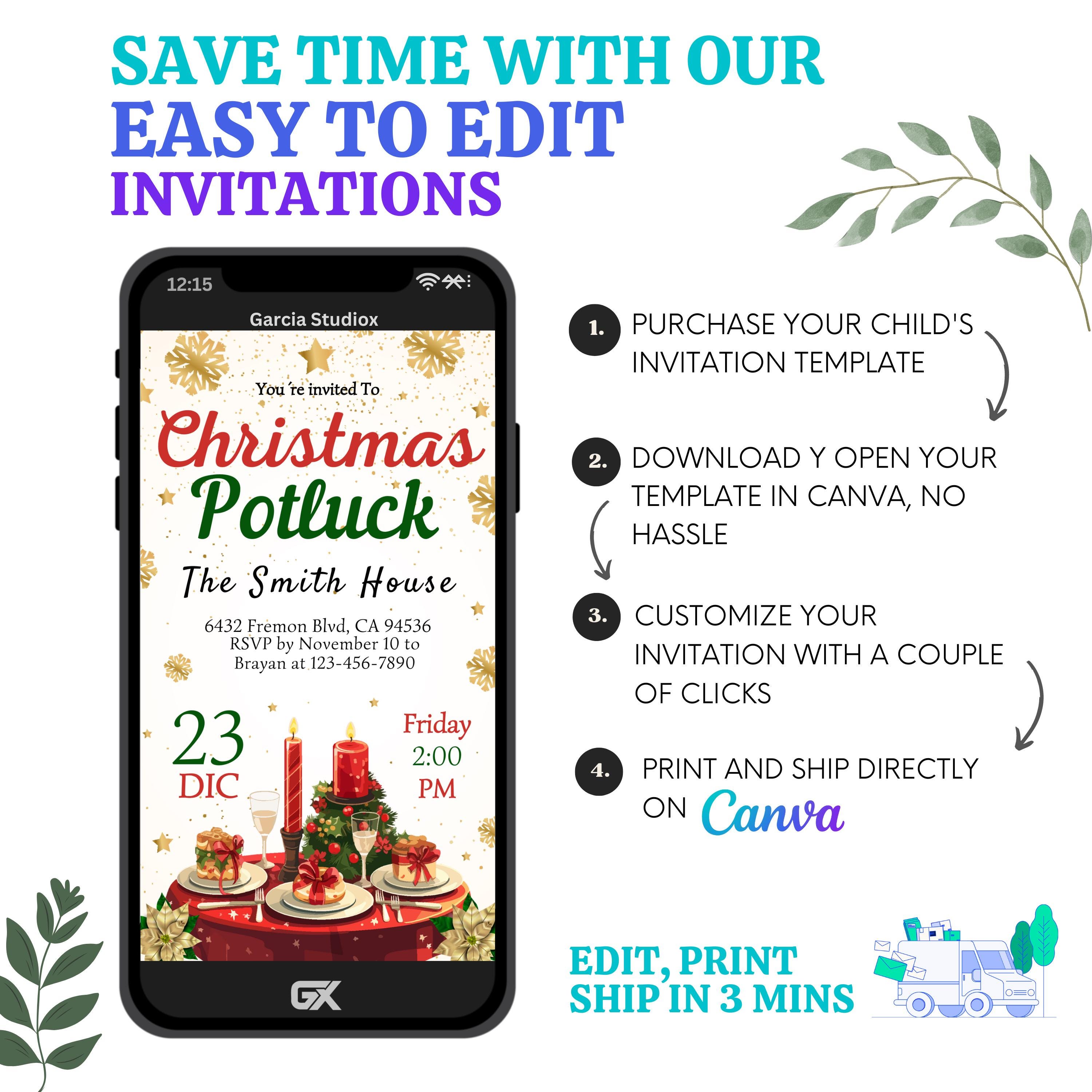 Editable Christmas Potluck Invitation, Holiday Party Template ...