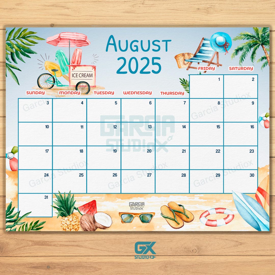 EDITABLE August 2025 Calendar, Fillable Summer Beach Planner, Monthly ...
