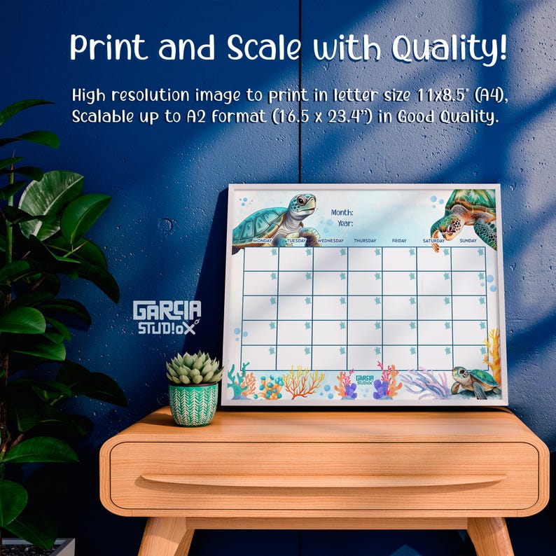 Monthly Calendar Undated | Sea Turtle Design, Editable and Printable ...