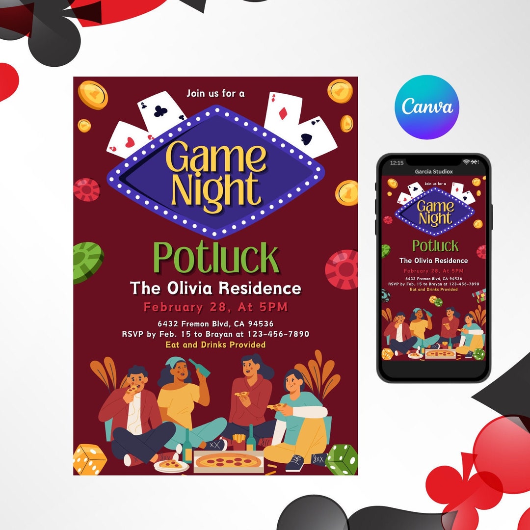 Poker Game Night Potluck Invitation, Game Party Potluck Invite, Board ...