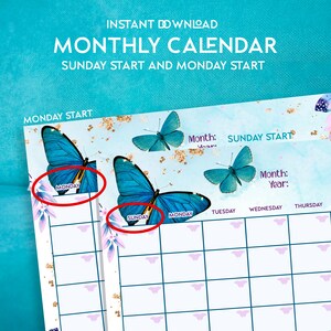 Monthly Calendar Undated | Butterfly Design, Editable and Printable ...
