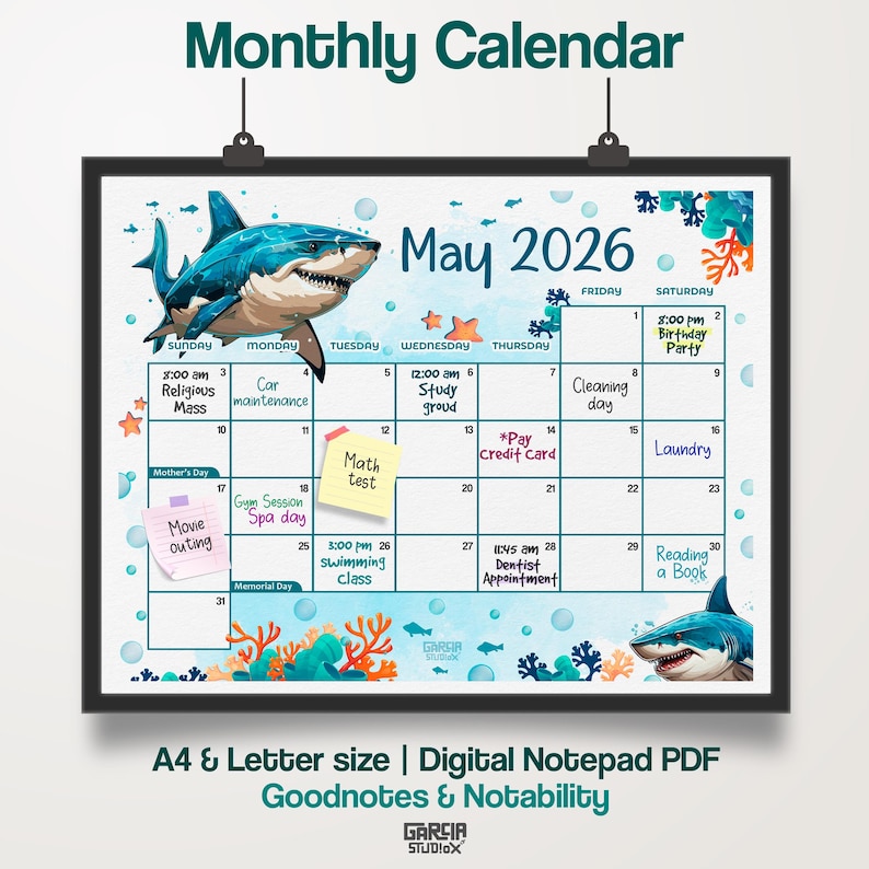 Printable May 2026 Shark Calendar for Kids, Cute Ocean Theme, Editable ...
