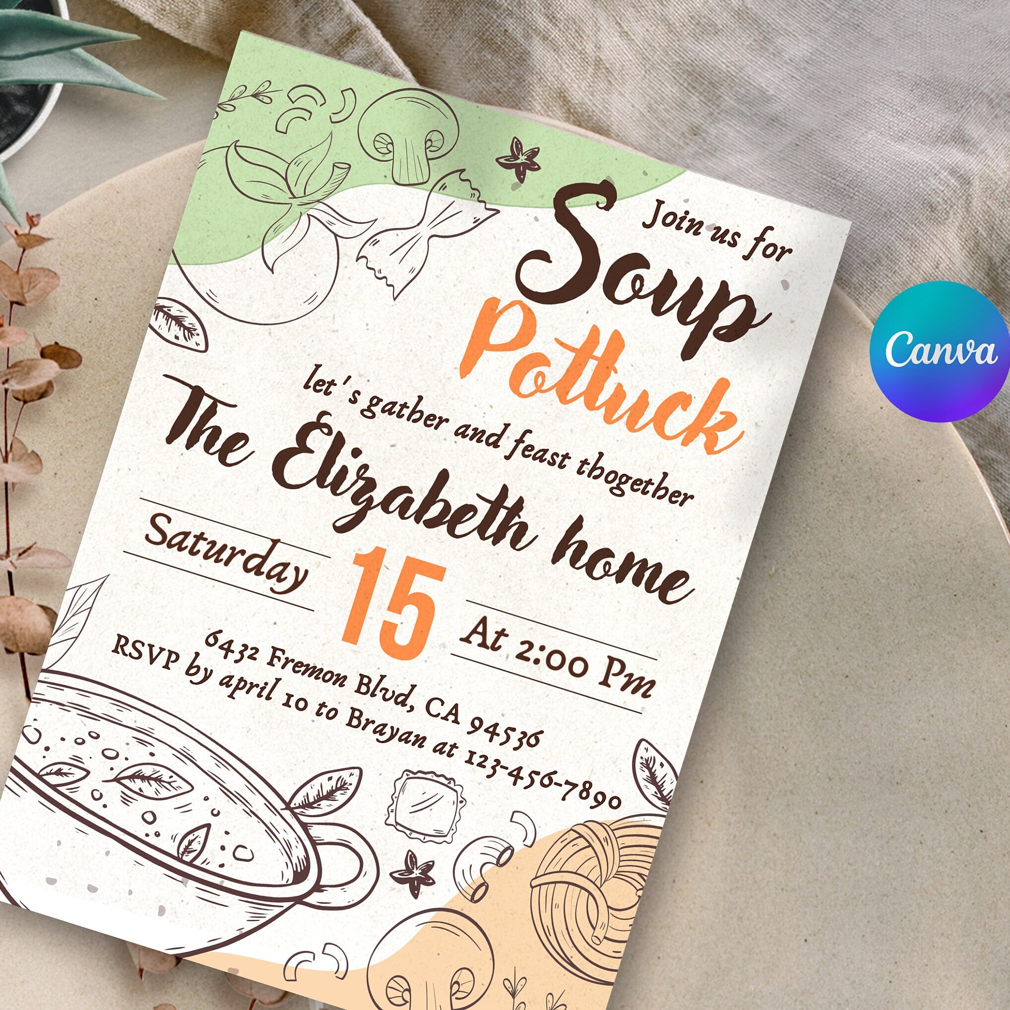 Soup Potluck Invitation Template, Editable Invite Soup Potluck, Soup ...