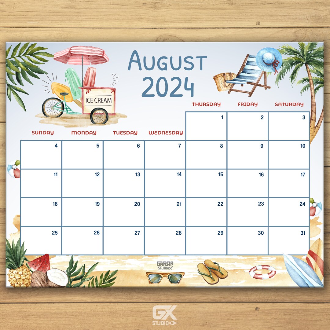 Calendario EDITABLE de agosto de 2024, Planificador de playa de verano ...
