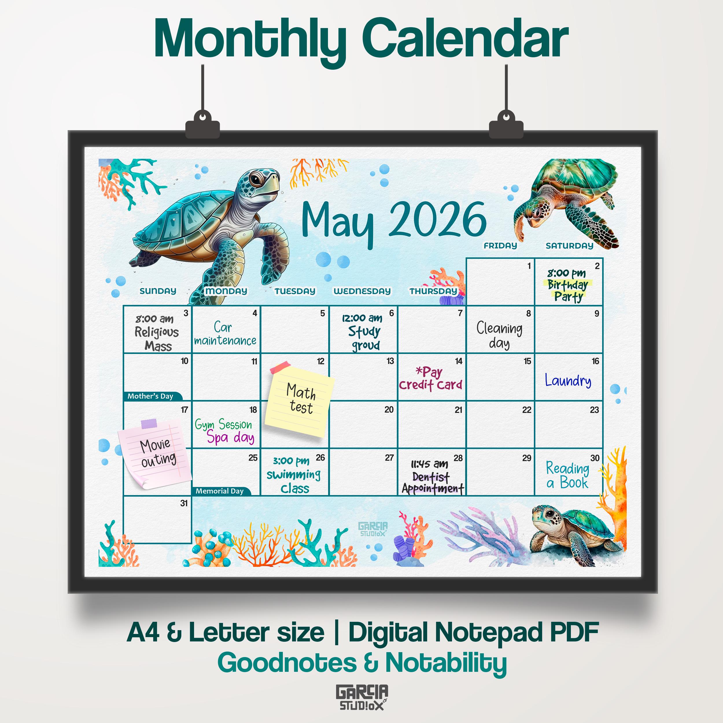 May 2026 Calendar Printable, Cute Sea Turtle Theme, Editable Monthly ...