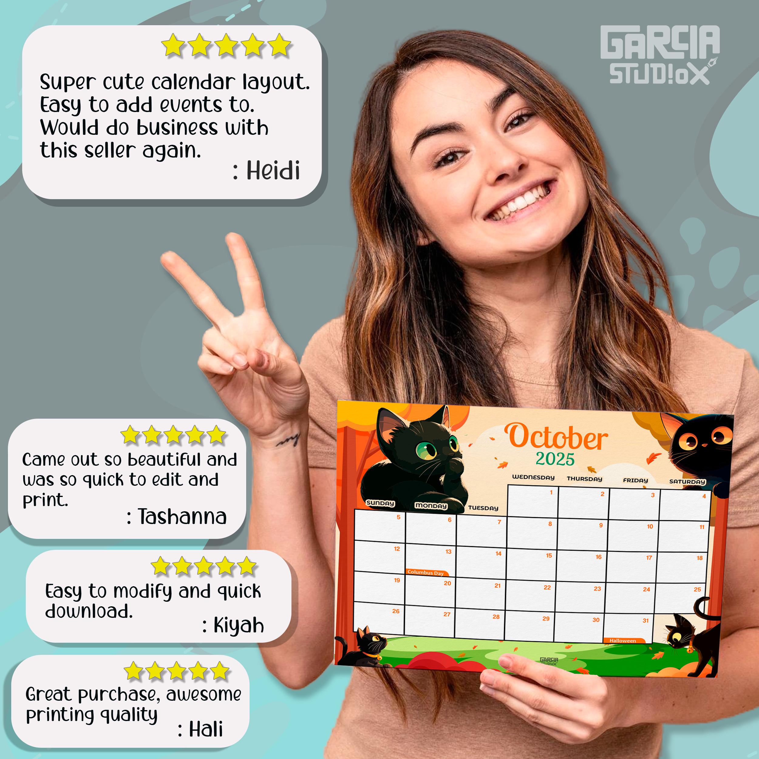 Editable October 2025 Cat Calendar PDF, Bombay Cat Digital Art ...