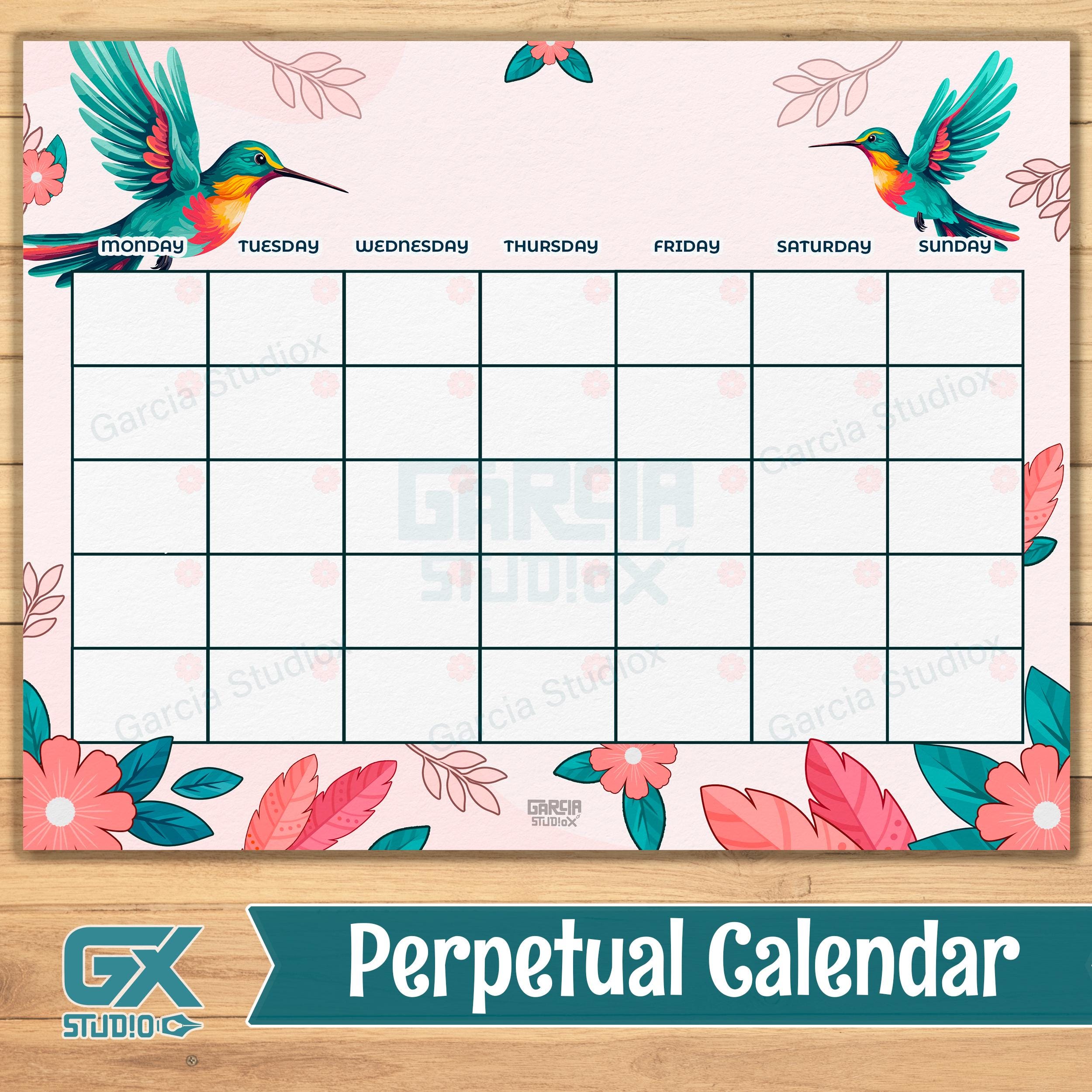 EDITABLE Perpetual Calendar, Hummingbird and Flowers, Monthly Calendar ...