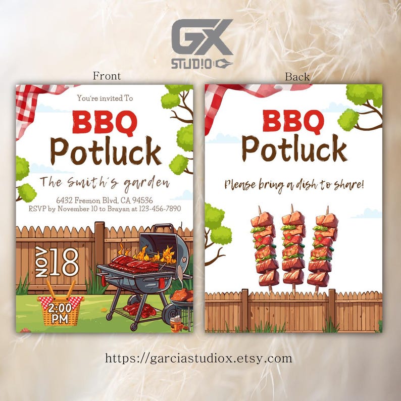 EDITABLE Colorful BBQ Potluck Invitation, Picnic, Grill & Outdoor ...