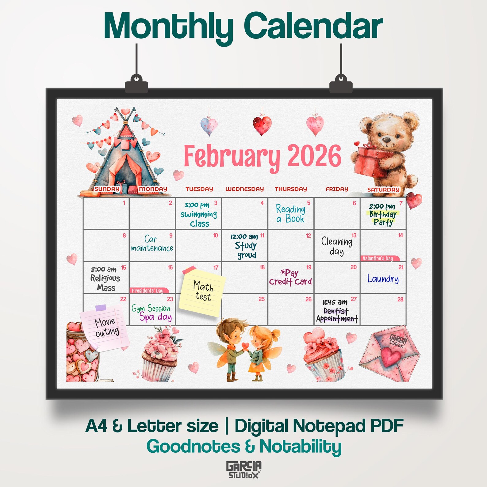 February 2026 Calendar Printable, Valentines Day Theme, Cute Editable ...