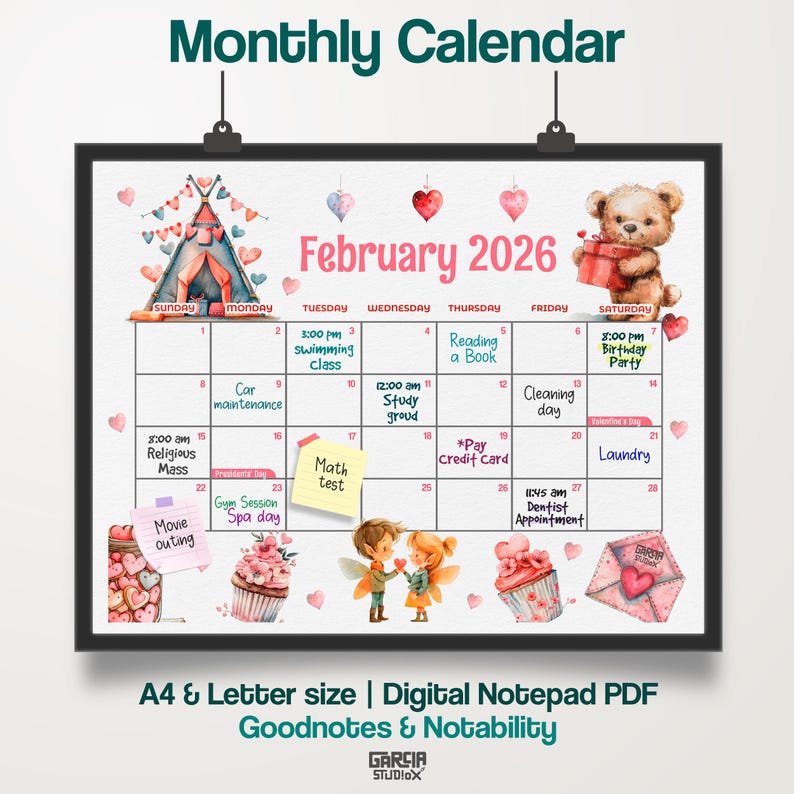 February 2026 Calendar Printable, Valentines Day Theme, Cute Editable ...