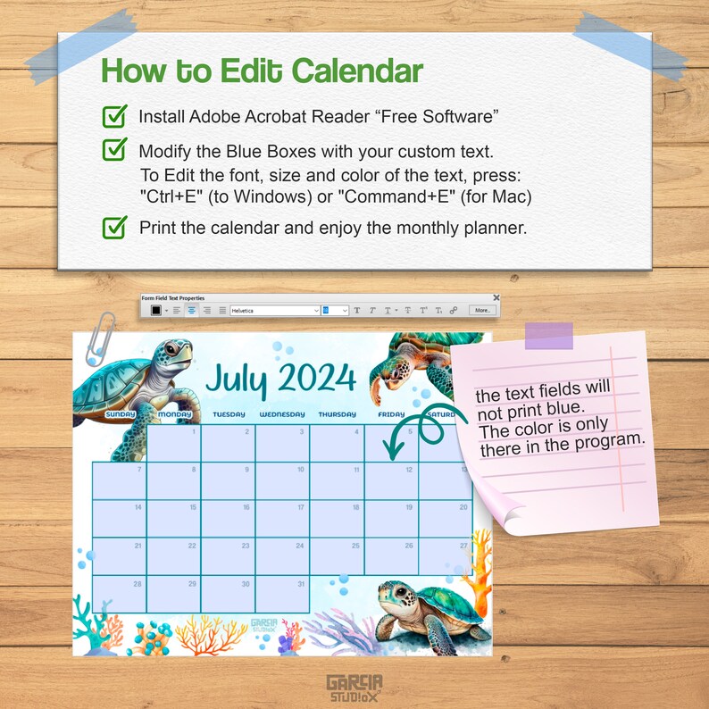 EDITABLE July 2024 Calendar With Sea Turtle Design, Fillable Summer ...