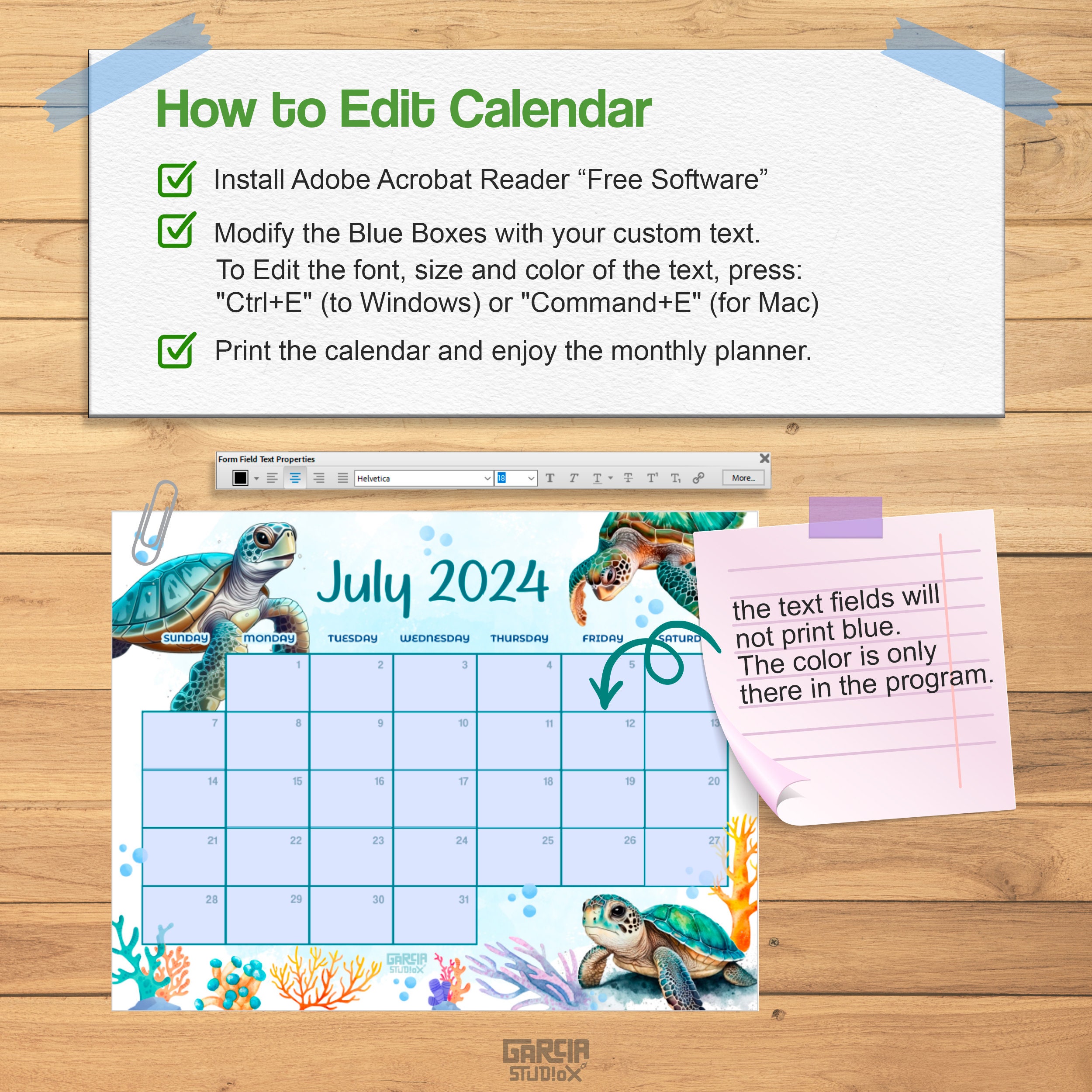 EDITABLE July 2024 Calendar With Sea Turtle Design, Fillable Summer ...