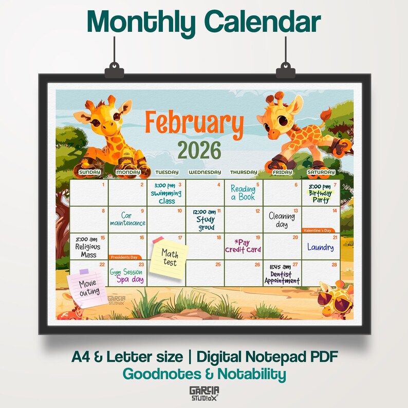 February 2026 Printable Calendar for Kids, Cute Safari Giraffe Theme ...