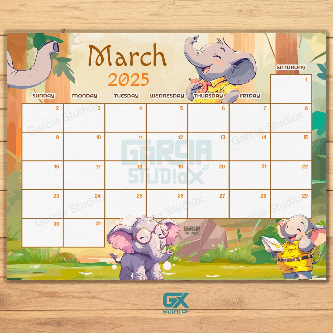March 2025 Safari Elephant Calendar - Editable Printable Wildlife ...