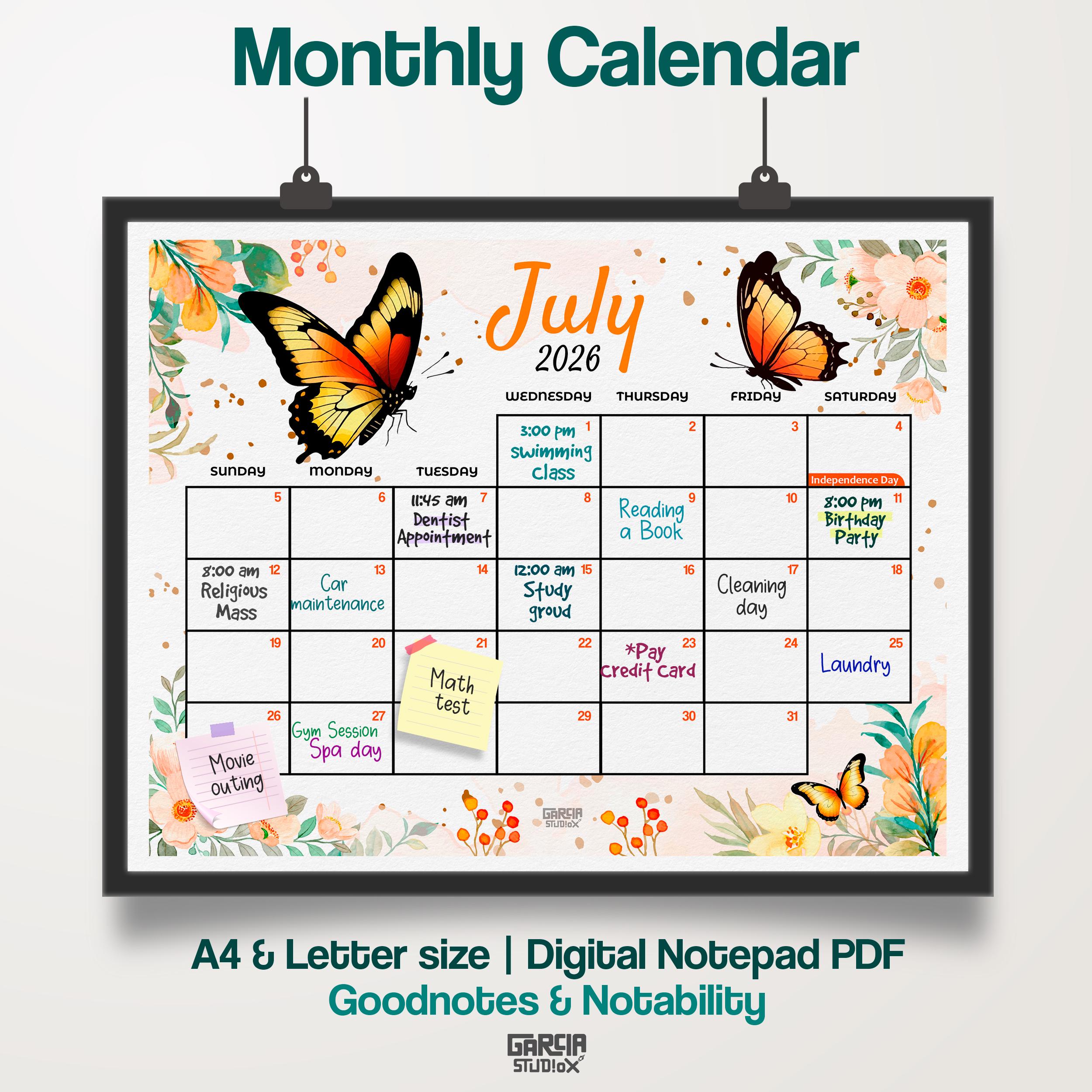 Butterfly July 2025 Calendar: Printable, Editable (PDF & JPG) - Etsy