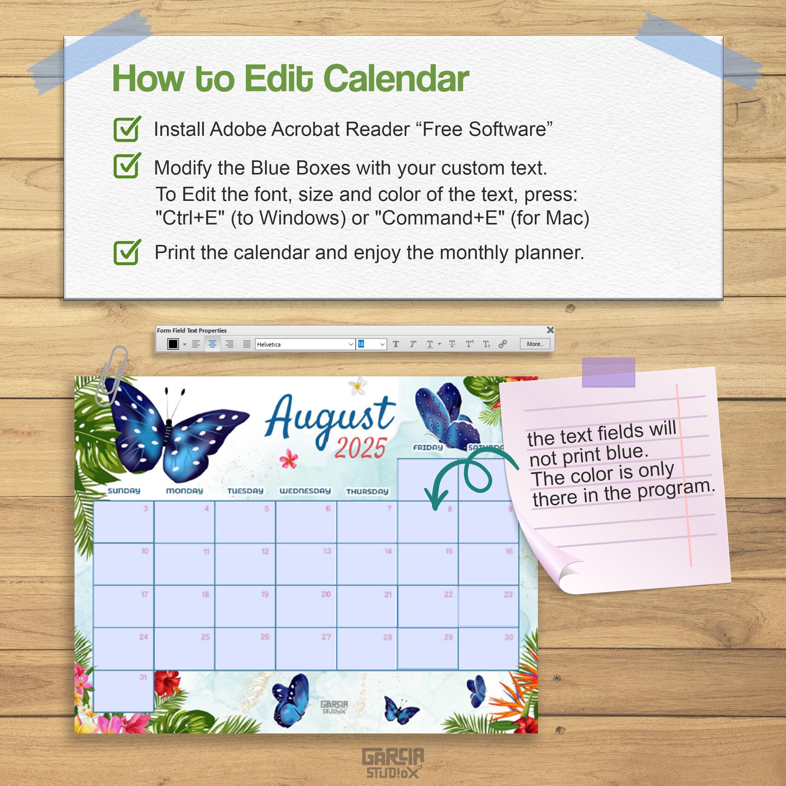 EDITABLE August 2025 Calendar, Cute Blue Butterflies Summer, Pretty ...