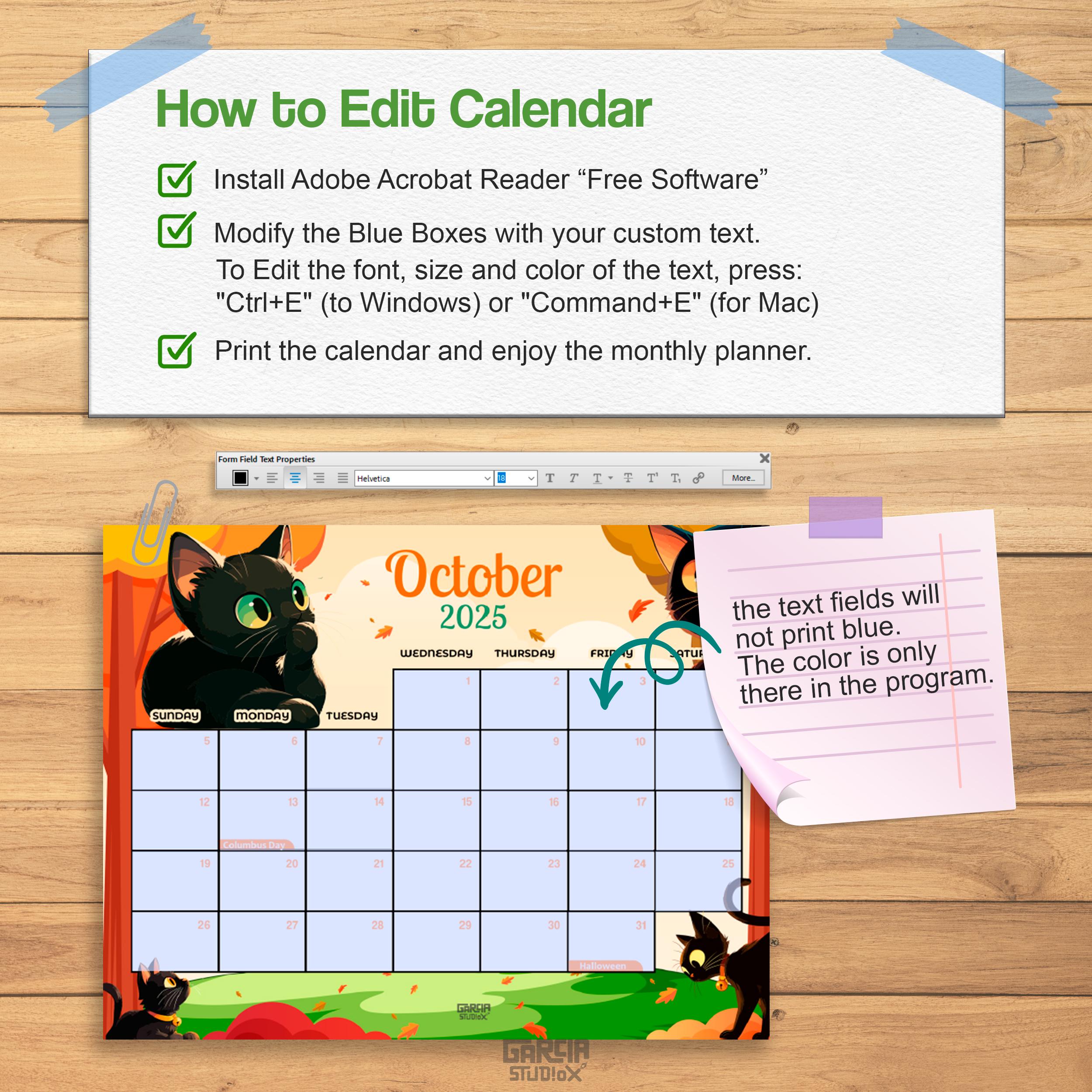 Editable October 2025 Cat Calendar PDF, Bombay Cat Digital Art ...