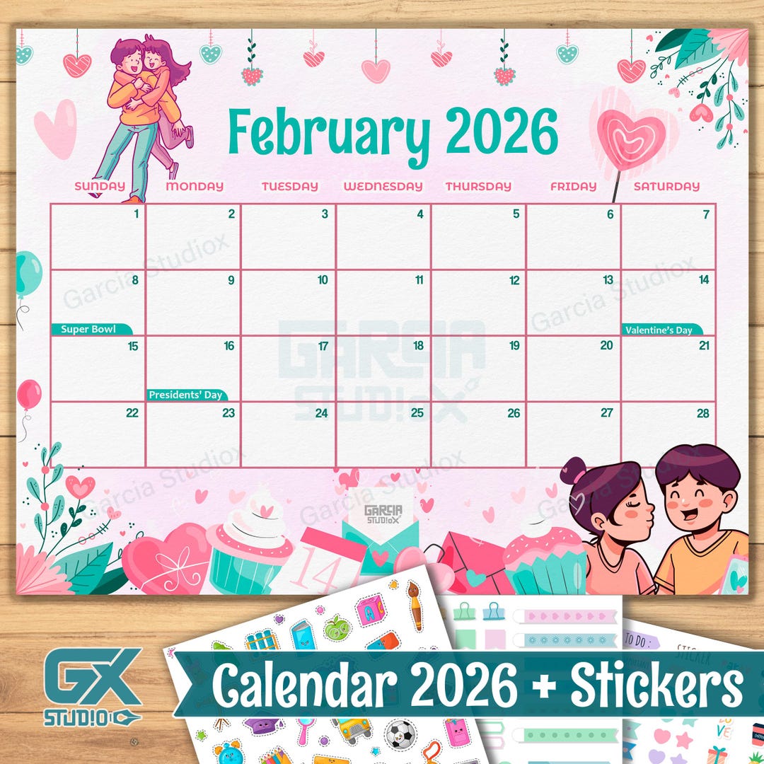 February 2026 Calendar Printable Cute Valentines Day Theme, Editable ...