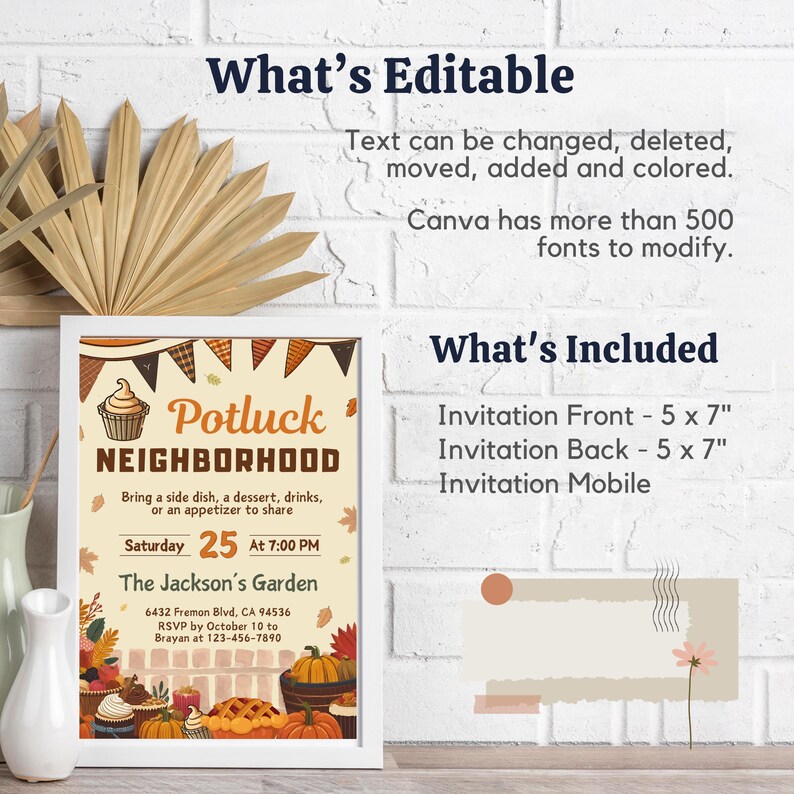 EDITABLE Potluck Neighborhood Invitation, Fall Theme, Autumn Gathering ...
