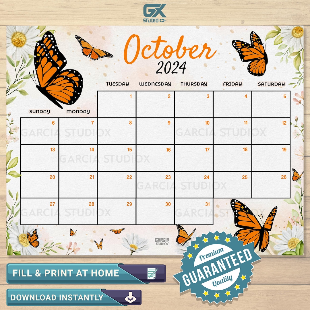 Editable October 2024 Calendar Orange Butterfly & Floral Design ...