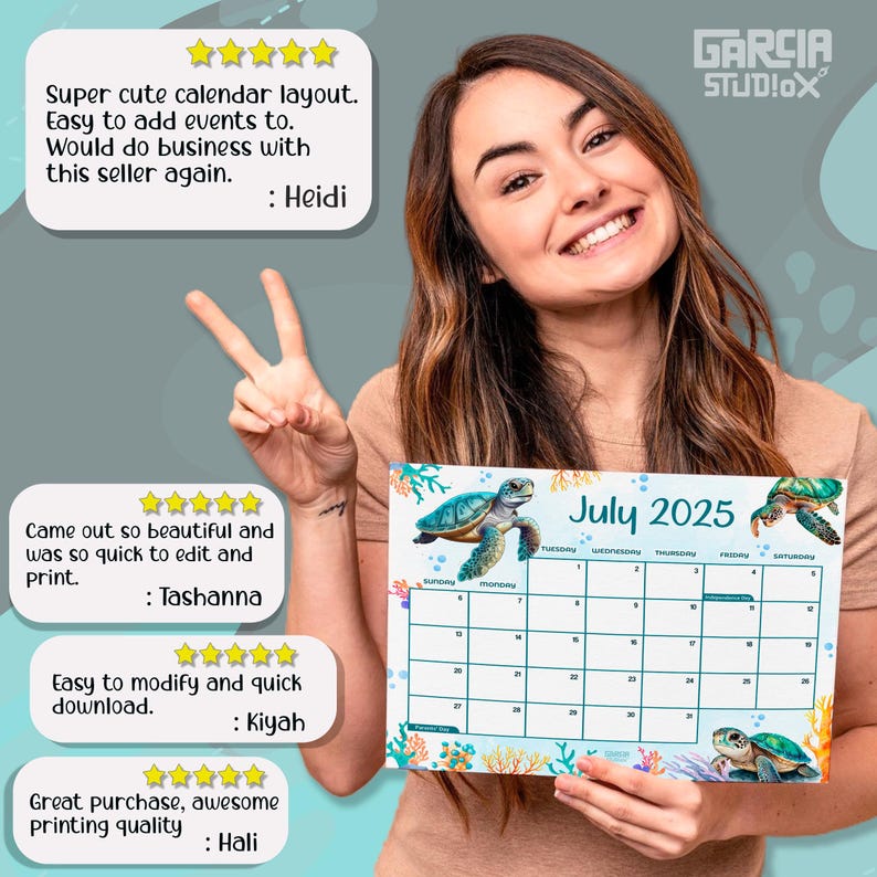 EDITABLE July 2025 Calendar With Sea Turtle Design, Fillable Summer ...