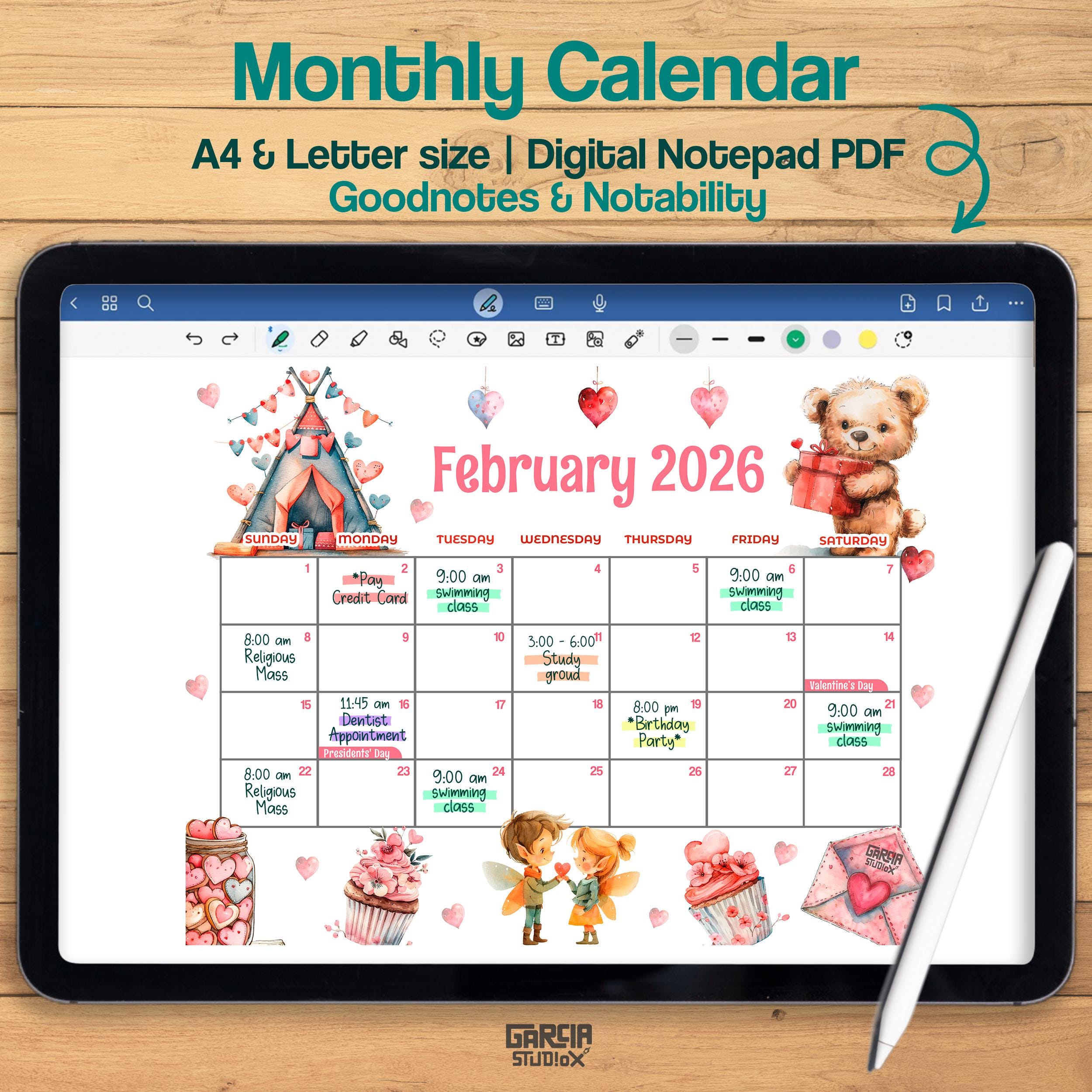 February 2026 Calendar Printable, Valentines Day Theme, Cute Editable ...