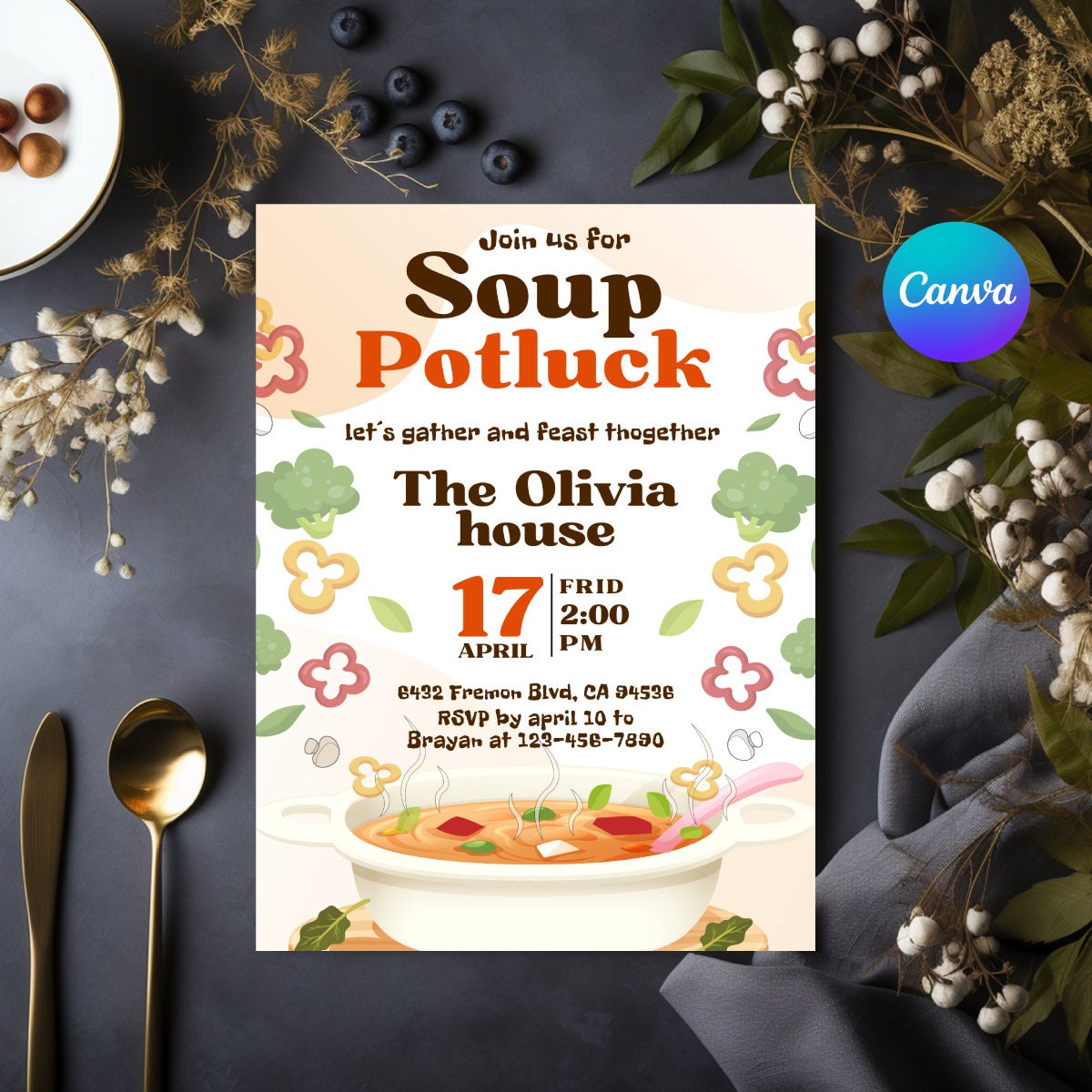EDITABLE Soup Potluck Invitation, Printable Soup Potluck Invite, Soup ...
