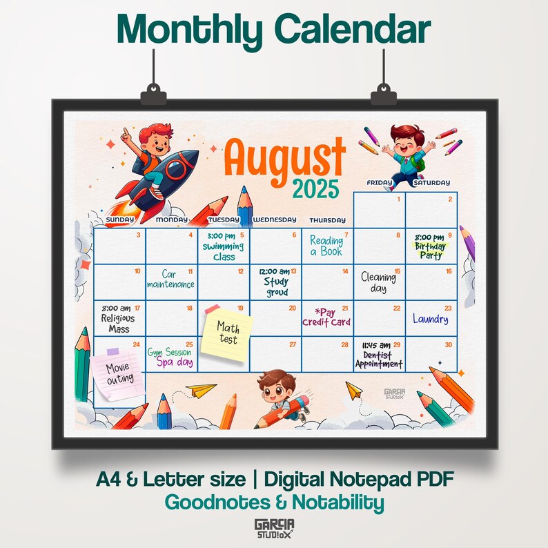 Editable August 2025 Calendar: Rocket Theme, Back to School (printable ...
