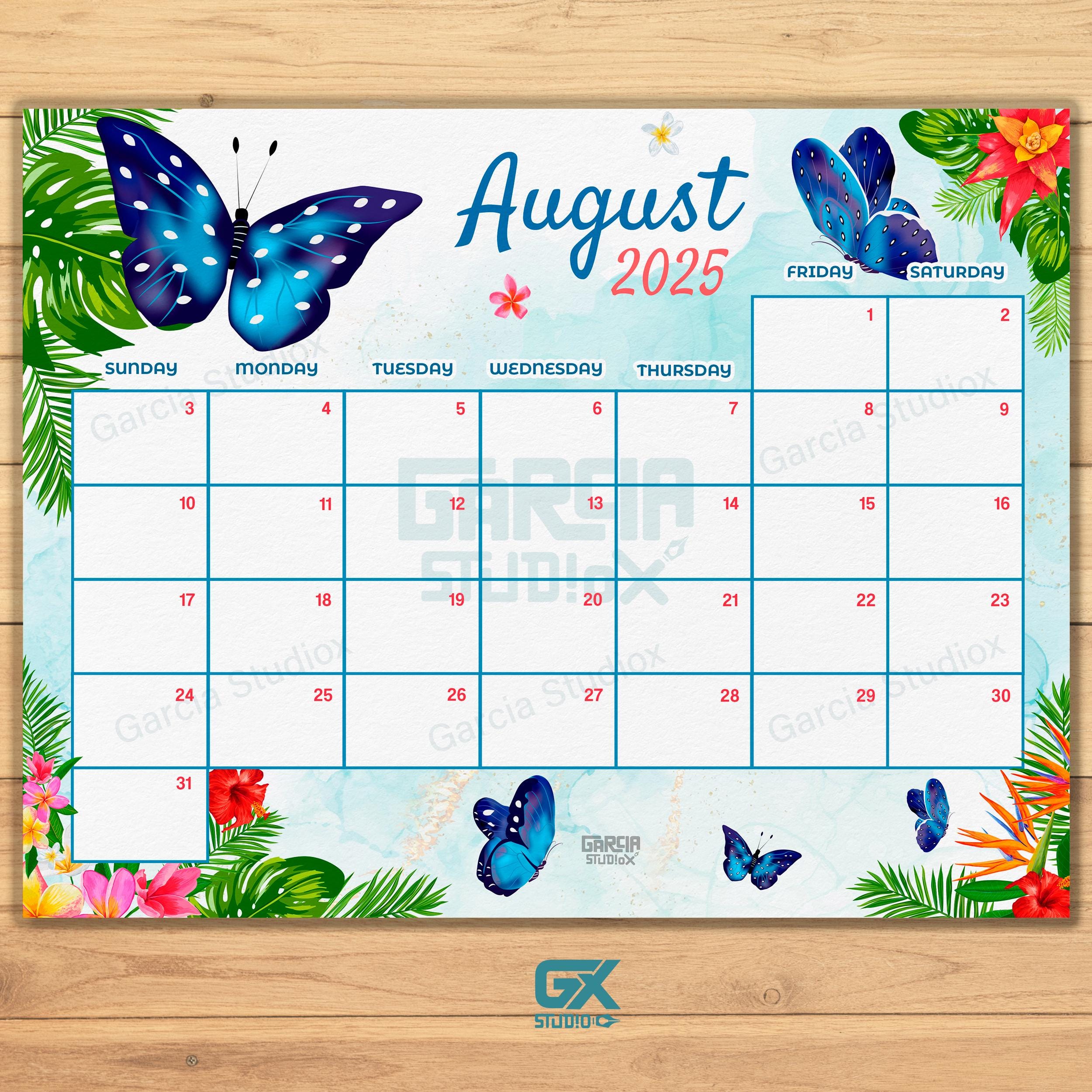 EDITABLE August 2025 Calendar, Cute Blue Butterflies Summer, Pretty ...