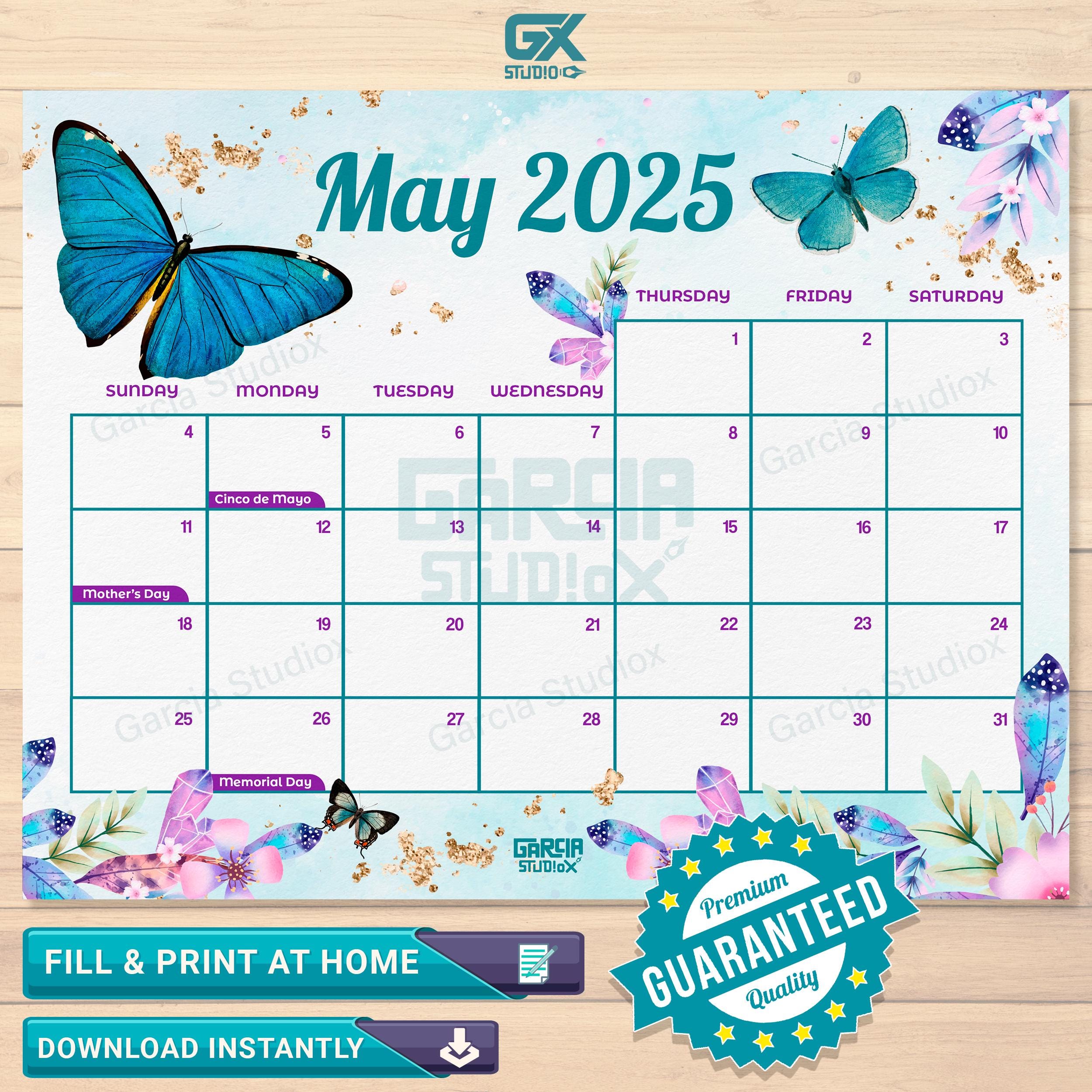 May 2025 Digital Calendar, Printable Spring Planner, Monthly Calendar ...